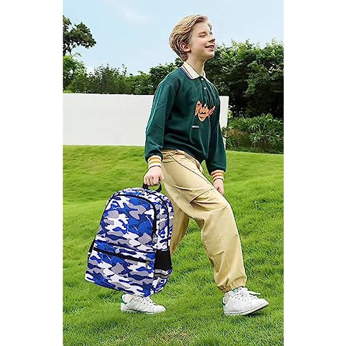 DSIUE Backpacks for Boys School Bags for Kids Elementary Bookbag and Lunch Box Set Camo Blue