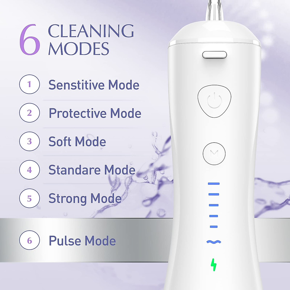 Power Water Flosser for Deeply Teeth Cleaning, Durable Battery 6 Modes & 5 Jet Tips Cordless Dental Oral Irrigator, Electric Rechargeable IPX7 Water Floss Cleaner Pick for Tooth/Gums/Oral/Braces Care