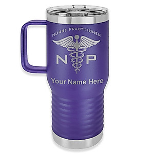 LaserGram 20oz Vacuum Insulated Travel Mug with Handle, NP Nurse Practitioner, Personalized Engraving Included (Dark Purple)