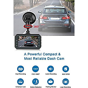Dash Cam Front and Rear CHORTAU Dual Dash Cam 3 inch Dashboard Camera Full HD 170° Wide Angle Backup Camera with Night Vision WDR G-Sensor Parking Monitor Loop Recording Motion Detection