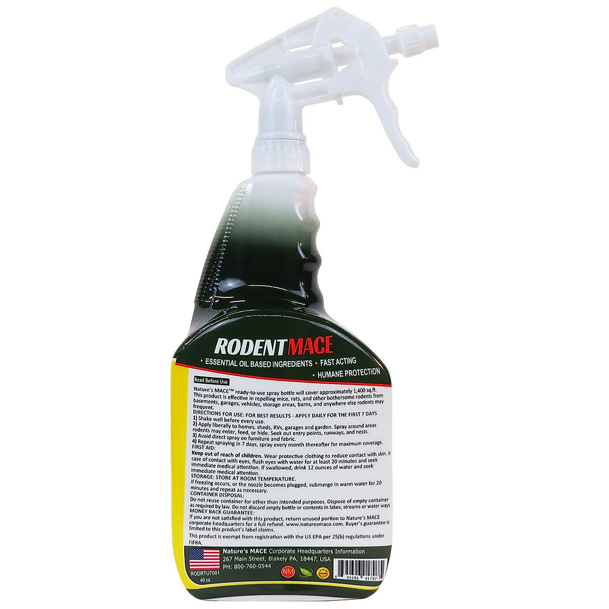Nature's MACE 40oz Rodent Repellent Spray, Repel Mouse/Mice, Rats, Rodents, Indoor & Outdoor Spray Stops Rodent Damage in House, Car, RV, Storage, Attic, Garage, Stops Nesting & Wire Chewing