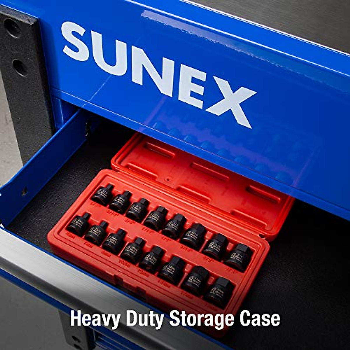 Sunex 3646, 3/8 Inch Drive Low Profile Impact Hex Driver Set, 16-Piece, SAE/Metric, 1/4 Inch - 3/4 Inch, 6mm - 19mm, Cr-Mo Steel, Dual Size Markings, Heavy Duty Storage Case, Meets ANSI Standards