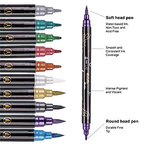 INK LAB Metallic Marker Pens Dual Tip 10 Colors Metallic Pens for Card Making Rock Painting Album Scrapbook Metal Wood Ceramic Glass, Medium & Brush Tip