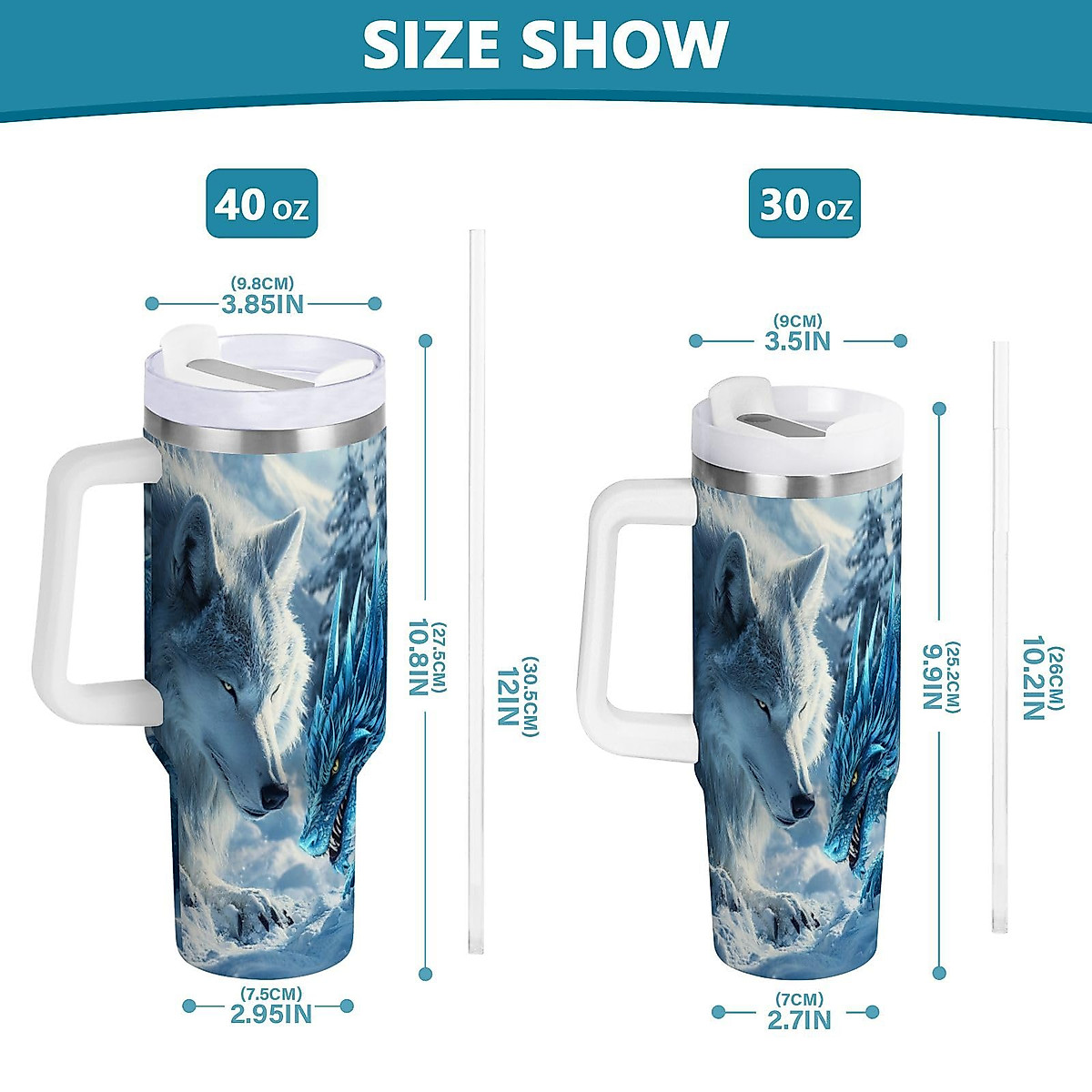 ODAWA Wolf Dragon White Tumbler Cup Reusable Tumbler with Straw Ice Coffee Cups