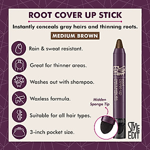 Style Edit Root Touch Up Stick - Medium Brown Hair Concealer, Temporary Gray Coverage, Premium Hair Shading Sponge Pen, 0.11 oz