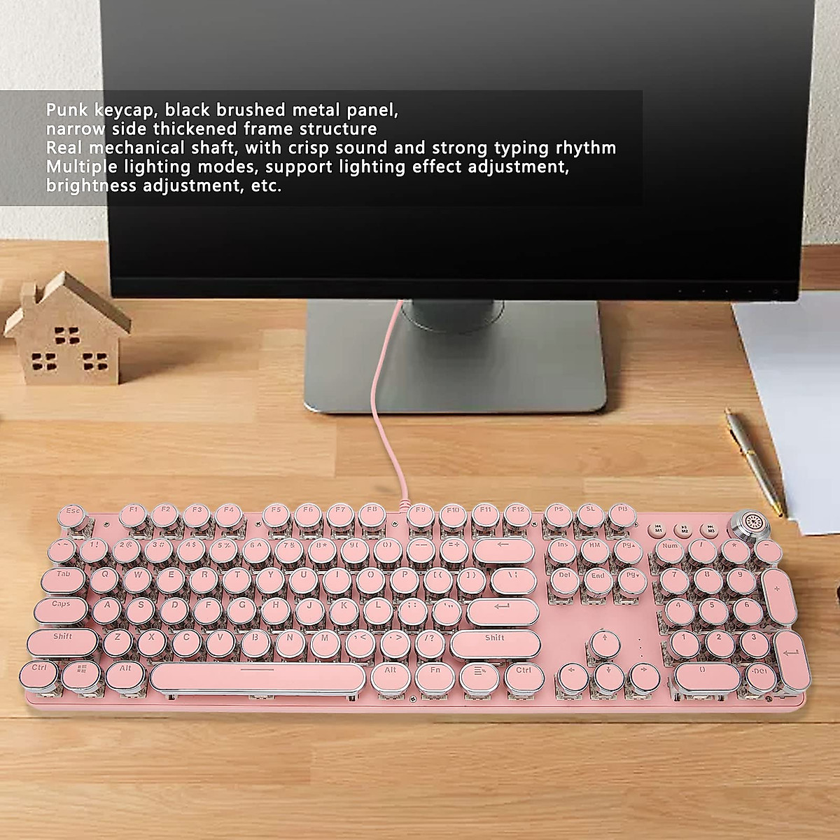 Pink Gaming Keyboard, Round Keycaps Mechanical Keyboard, Retro Punk Typewriter Keyboard, Pink and White Backlight, USB Wired, for Computer(Pink Punk)