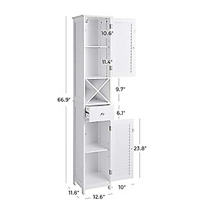 VASAGLE Bathroom Tall Cabinet, Freestanding Storage Cabinet with Shutter Doors, Drawer, and Removable X-Shaped Stand, 11.8 x 12.6 x 66.9 Inches, Scandinavian Style, White UBBC69WT
