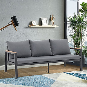 JOIVI Outdoor Couch, 3-seat Aluminum Outdoor Sofa with Teak Arms, Patio Couch with Teak Wood Armrest, High-Density Sponge, 3-Seater Aluminum Frame Couch for Outside Poolside, Lawn, Backyard, Gray