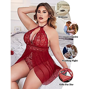 Avidlove Plus Size Lingerie for Valentines Women Lace Babydoll Chemise Nightgown Mesh Nightwear Side Slit Nightie L~4XL (Wine Red, XXX-Large)