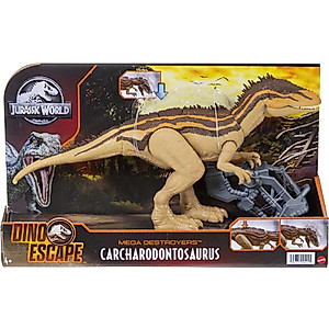 Mattel Jurassic World Mega Destroyers Dinosaur Action Figure, Carcharodontosaurus Brown Dino Toy with Attack Motion & Breakaway Accessory