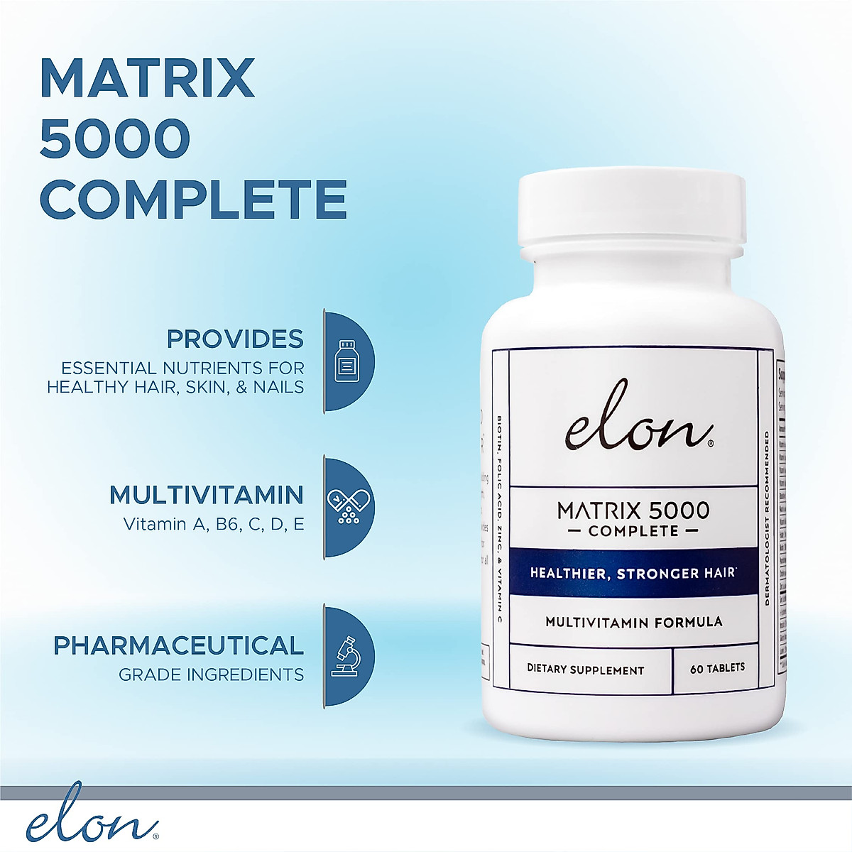 Elon Matrix 5000 Complete Multivitamin — Skin, Hair and Nail Growth Vitamins — Healthy Hair Growth Vitamins for Women & Men — 5000Mcg Biotin Supplement (60 Day Supply)