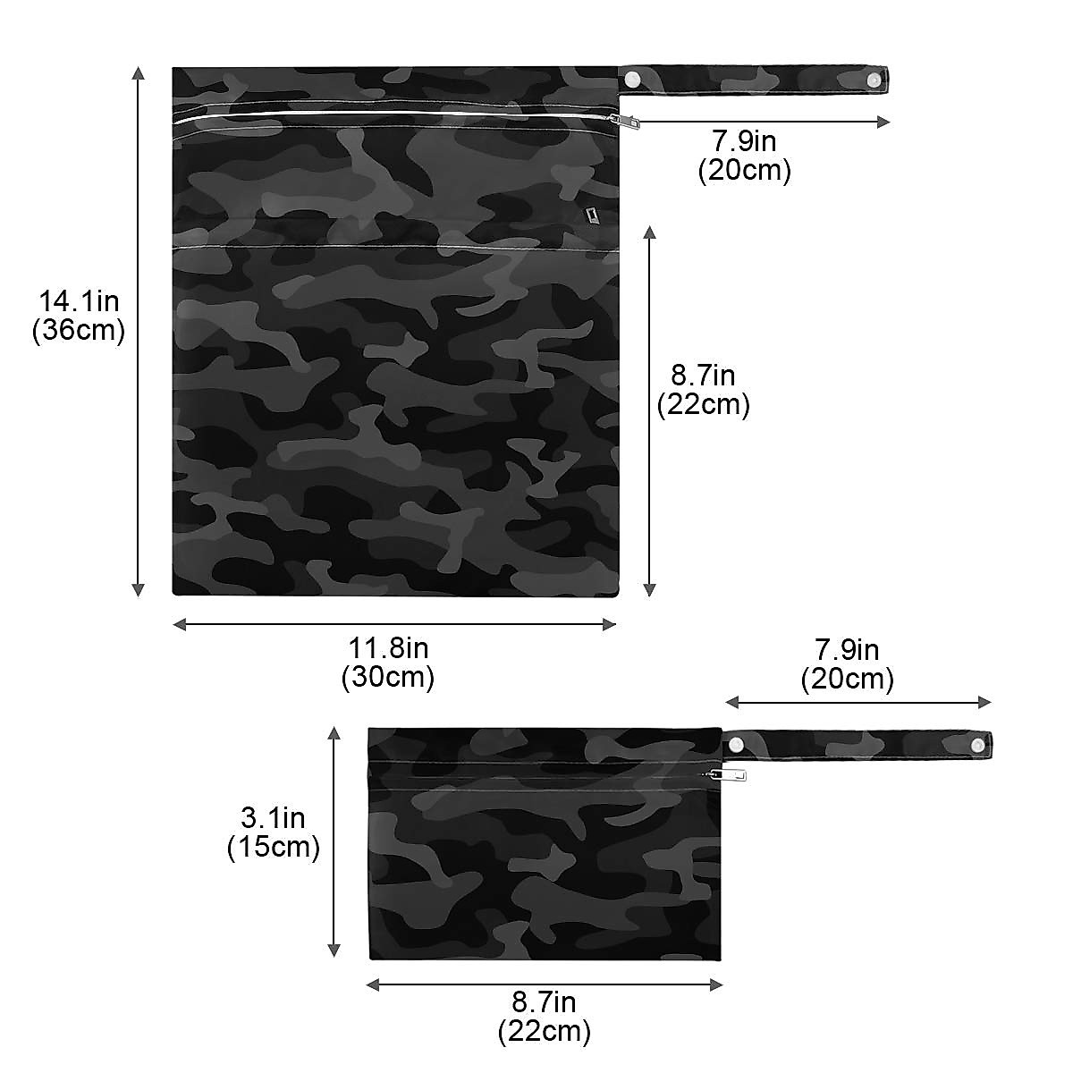 Baofu Camo Pattern Wet Dry Bags Sets Waterproof Reusable Travel Beach Baby Cloth Diaper Wet Dry Bags Organizer with Two Zippered Pockets for Swimsuit and Gym,2Pack