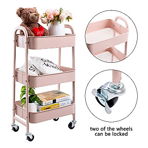AGTEK Makeup Cart, Movable Rolling Organizer Cart, 3 Tier Metal Utility Cart, Rosiness