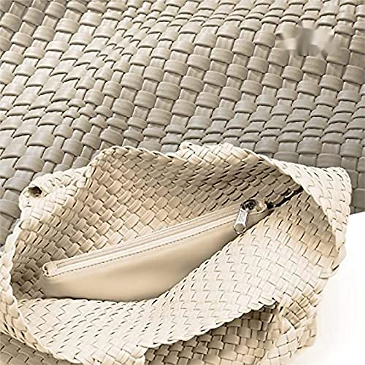 HDHTB Woven Tote Bag, Women Macaron Soft Leather Weave Handbag Purse Wrist Bag Large Capacity Work Shopping Travel Daily (Beige)