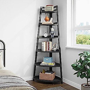 Rolanstar Corner Shelf, 6 Tier Modern Corner Bookshelf Industrial Corner Ladder Shelf Plant Stand for Display Rack for Living Room, Home Office, Bathroom, Small Space, Black