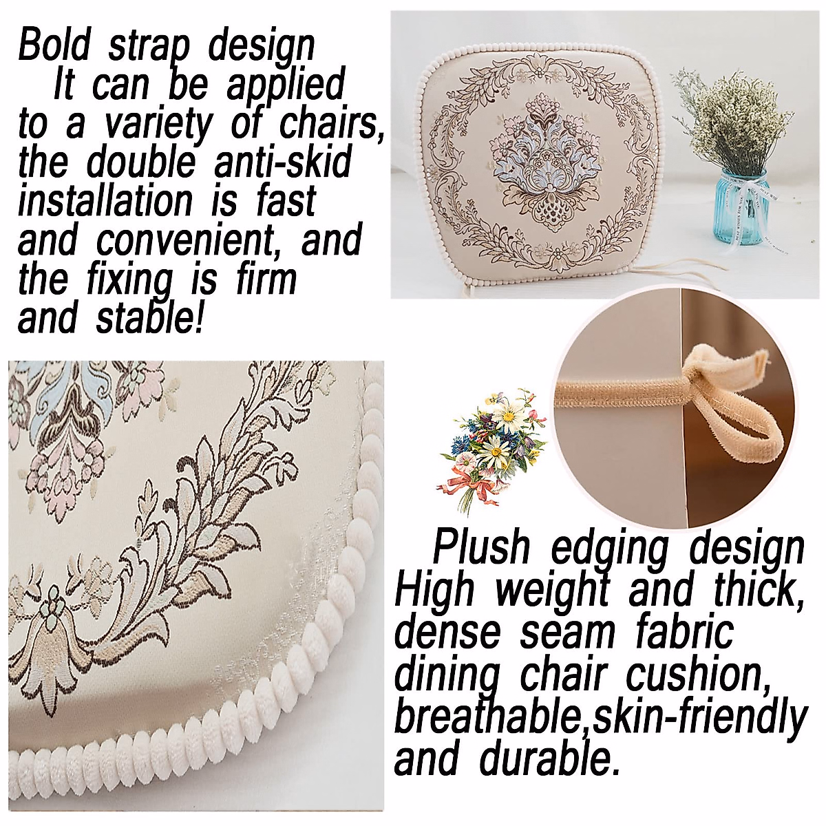 OITTO Memory Foam Chair Seat Cushion,Chair Pads & Cushions,European Style Floral U Shaped with Laces,Removable Slip-Resistant Zipper Covers,17 x 18 Washable for Indoor Living Room Kitchen,2 Pack