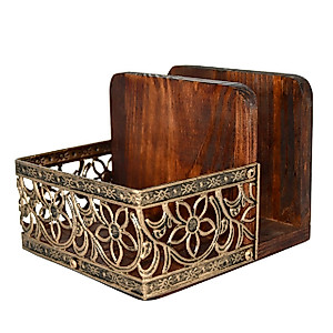 Owlgift Two-in-one Rustic Brown Wood Condiment Tabletop Serving Caddy with Napkin Holder, Metal & Wooden Napkin Holder, Freestanding Salt & Pepper Napkin Holder, Malfunction Salt Pepper Storage Holder