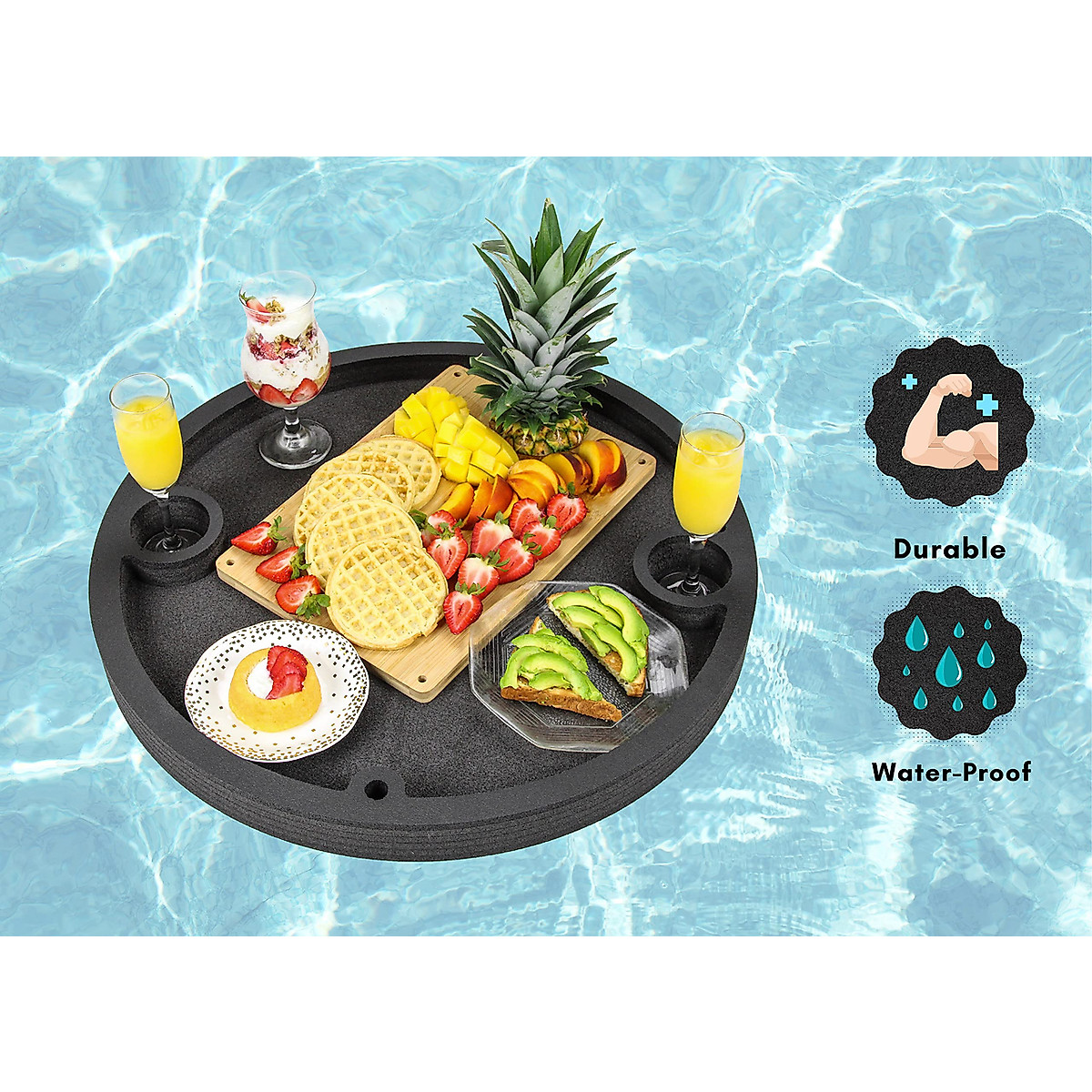Polar Whale Floating Breakfast Table Serving Buffet Round Tray Drink Holders for Swimming Pool or Beach Party Float Lounge Refreshment Durable Black Foam UV Resistant with Cup Holders 24 Inches Wide