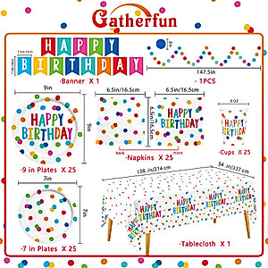 Happy Birthday Decorations: Happy Birthday Party Supplies Set with Birthday Dots Design- Includes Disposable Paper Birthday Plates and Napkins, Cups, Tablecloth, and Banner for Boys/Girls, Serves 25.