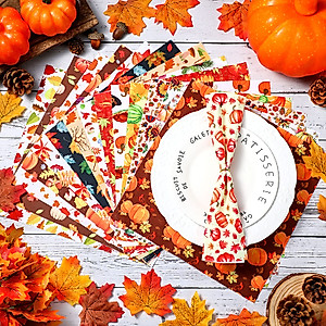 Tatuo 16 Pieces Thanksgiving Fabric Fall Fabric Fat Fabric Bundles Craft Plaid Fabric Squares Patchwork with Pumpkin Maple Patterns for Autumn DIY Sewing Quilting Crafts, 10 x 10 Inch(Vivid Pattern)