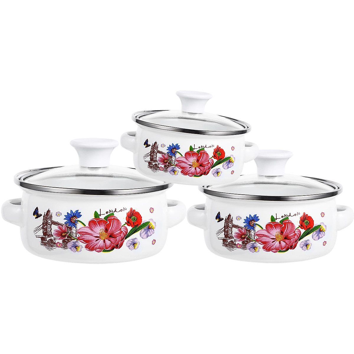 Amosfun Mini Soup Pot Retro Floral Enamelware Pot with Lid - 4.5 Inch 5.5 Inch 8 Inch Assortment Ramen Soup Pot with Handle Ears