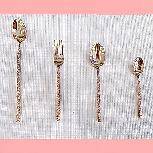 Silverware Set Flatware Rose Gold Hammered Cutlery Utensil Food-Grade Stainless Steel，Home Restaurant Small Business,Mirror Finish Tableware 24 Piece Service for 6