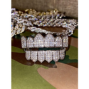 18K White Gold Plated CZ Cluster Custom Slugs Top Bottom GRILLZ Fangs Mouth Teeth Grills Set - Grillz, Teeth Cap, Iced Out Grillz (Top & Bottom Set)