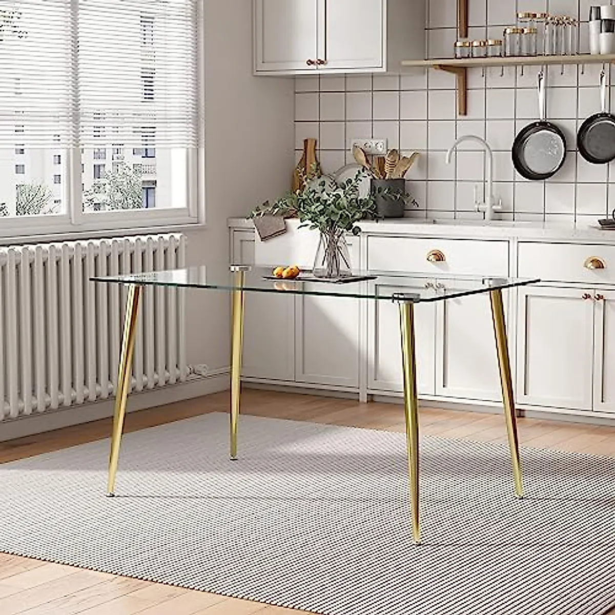 Glass Dining Table for 4 with 51 inch Clear Tempered Glass Top, 0.31" Modern Rectangular Glass Kitchen Table Furniture with 4 Golden Plating Metal Legs for Home Kitchen Room
