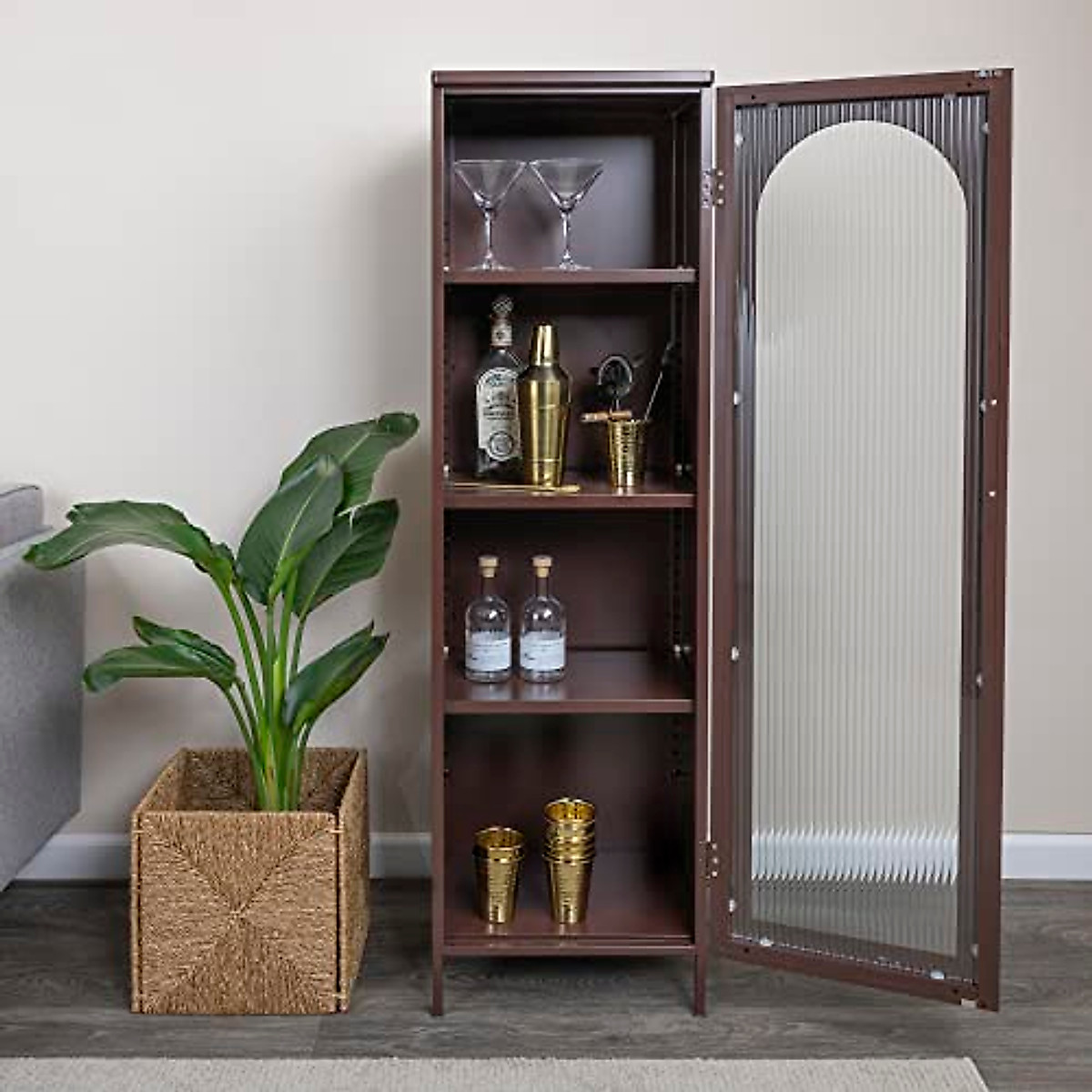 Creative Co-Op Solstice Metal Cabinet with Arched Glass Door, Brown