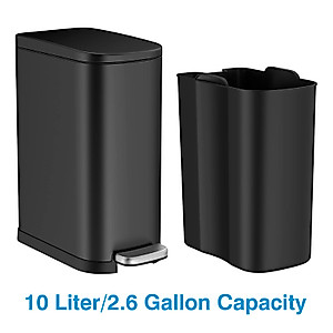 BETHEBEST 10 Liter/ 2.6 Gallon Black Bathroom Trash Can with Lid,Slim Step Trash Can with Removable Inner Bucket for Bathroom,Bedroom,Office