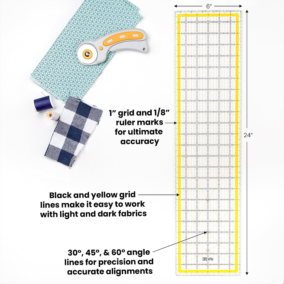 WA Portman Rotary Cutter Set & Cutting Mat for Sewing - 45mm Rotary Cutter for Fabric & 5 Blades - 24x36 In Fabric Cutting Mat - 6x24 In Acrylic Ruler for Cutting Fabric - Rotary Cutter and Mat Set