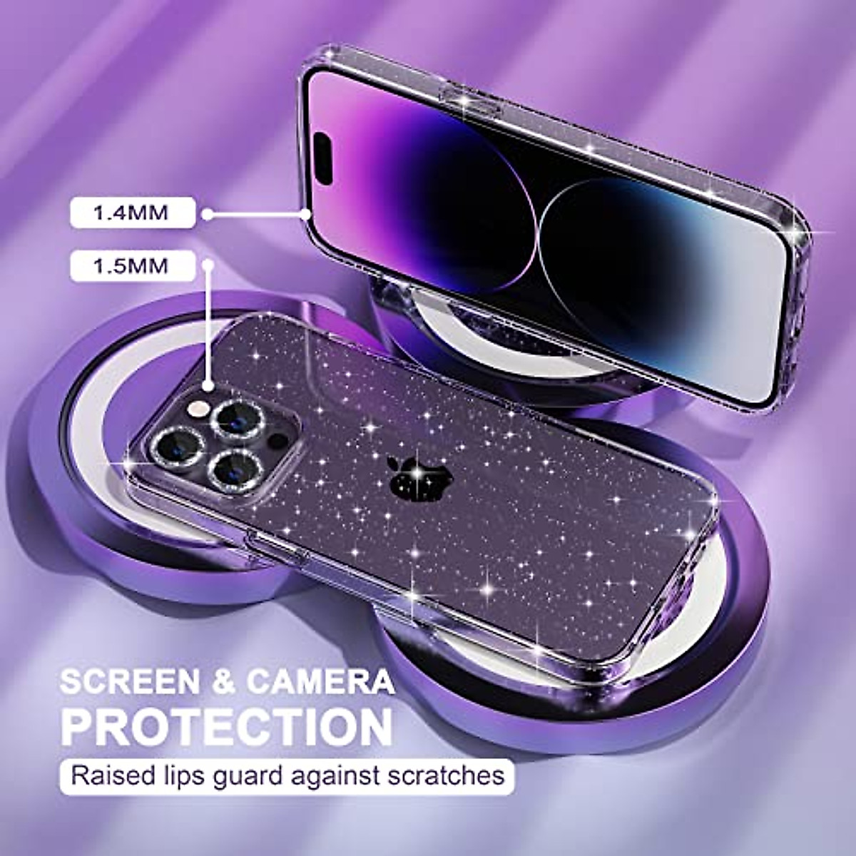 Choiche Compatible for iPhone 14 Pro Max Case Cute, Women Clear Glitter Bling Sparkly Case, [3 x Diamond Camera Lens Protectors] [2 x Tempered Glass Screen Protectors] 6.7-inch (Glitter Clear)