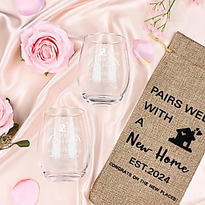 Futtumy House Warming Gifts New Home, Stemless Wine Glass & Wine Bag Gifts, Housewarming Gift for Couples Newlyweds Men Women Friends, New Home Gifts Ideas, New Apartment Gifts (2 Glasses, 1 Bag)