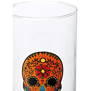 Circleware Halloween Sugar Skull Hiball Cooler, Set of 4 Heavy Drinking Glass Tumbler Cups for Water, Juice, Milk, Beer, Whiskey, Vodka, Farmhouse Decor, 14.5 oz, Black, White, Purple, Orange