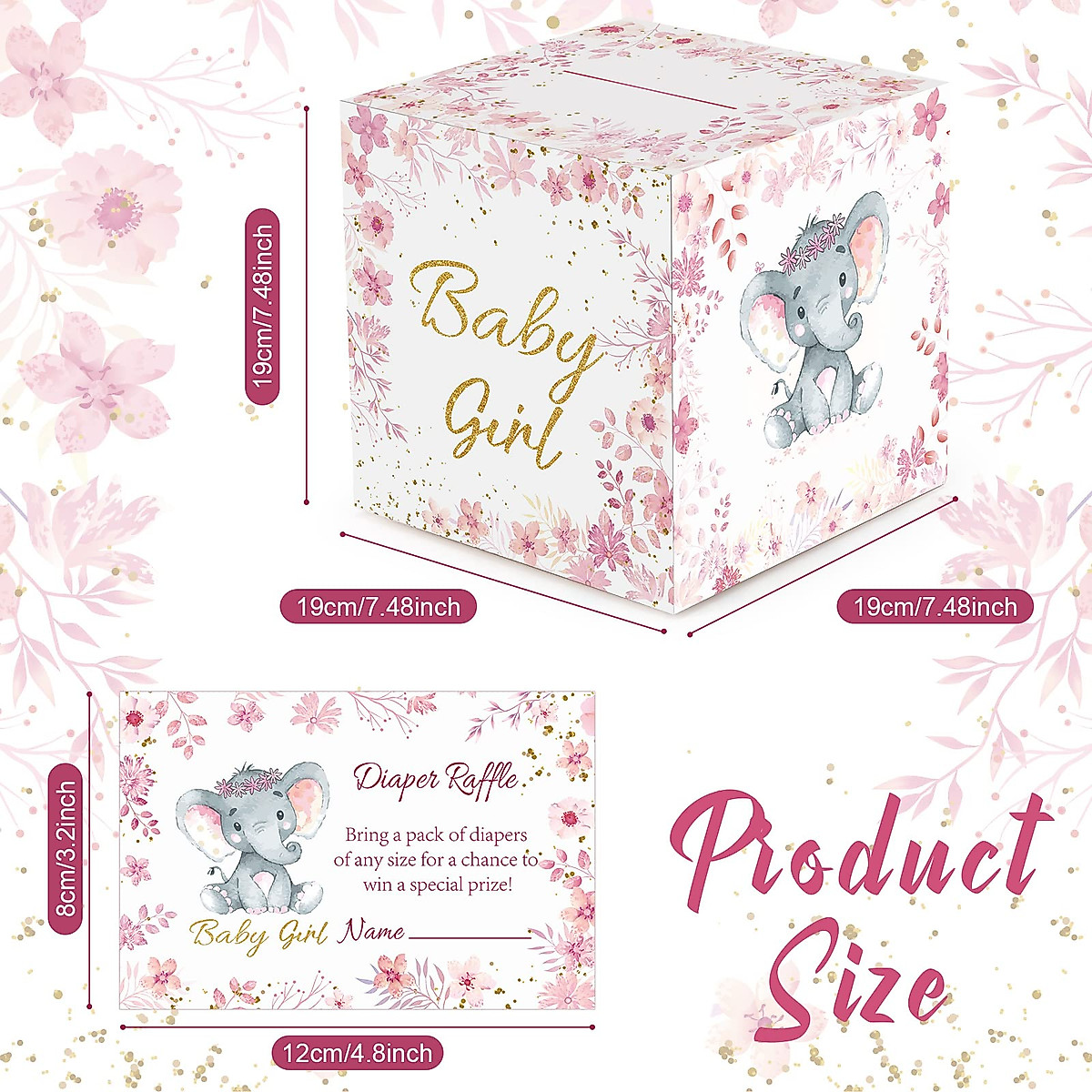 50 Pcs Elephant Diaper Raffle Tickets with Baby Shower Holder Box Baby Party Decorations Diaper Raffle Box Baby Shower Card Girl Elephant Game Insert Card for Baby Party Diaper Raffle Game