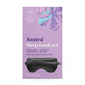 ASUTRA Silk Eye Pillow for Sleep, Black - Filled w/Lavender Buds & Flax Seeds, Weighted Eye Mask, Meditation & Light Blocking Blindfold, Cooling Gel Mask Included