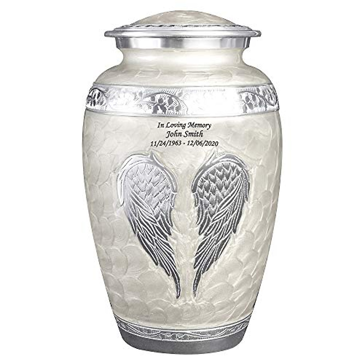Custom Engraved Angel Wings Funeral Cremation Urn with Velvet Bag (Pearl White, Large)