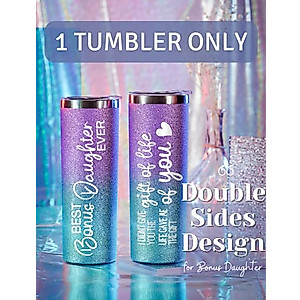 Onebttl Bonus Daughter Gifts, Gifts for Bonus Daughter on Birthday, Christmas or Thanksgiving, 20oz Stainless Steel Travel Mug with Lid and Straw - Best Bonus Daughter Ever Purple Blue