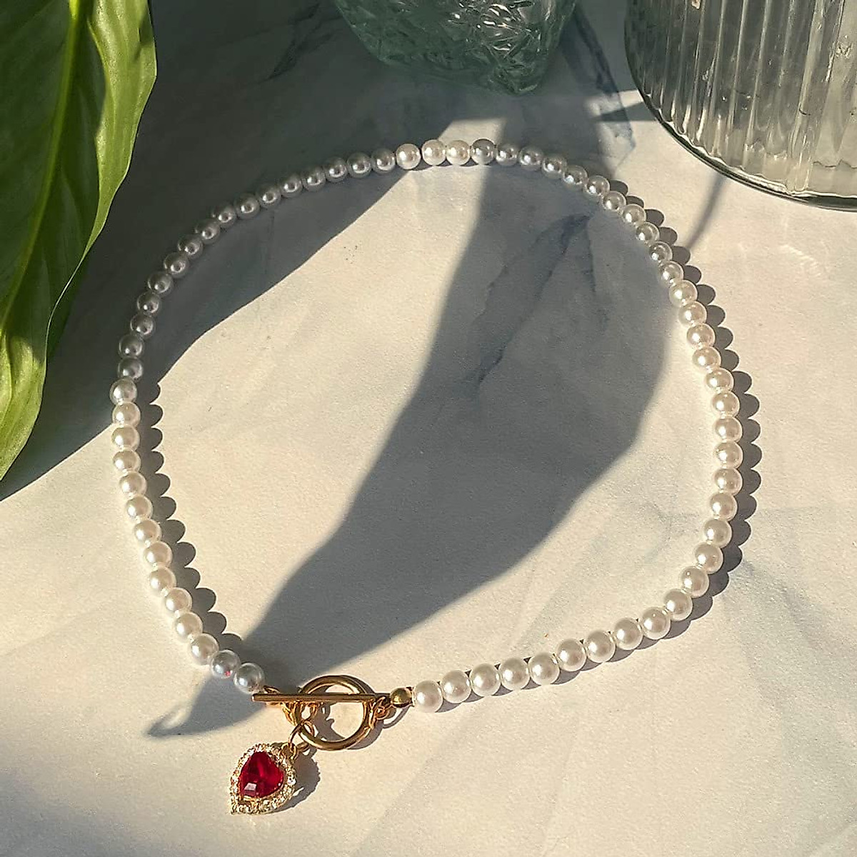 Asphire Vintage Pearl Necklace with Ruby Heart Pendant Elegant Bridal Crystal Gem Necklace Toggle Clasp Choker Necklace for Women Wedding Festival Gift