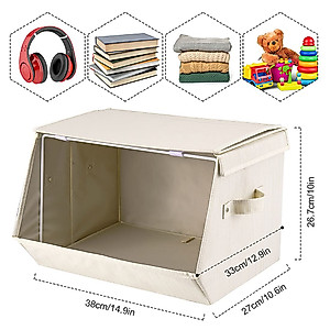 i BKGOO Set of 2 Stackable storage bins,Linen Fabric Foldable Storage Organizer Cubes Box whits Lids and Own-Handle Storage Organizer Bins for Home Office Nursery Living Room Beige 15x10.5 x10inch