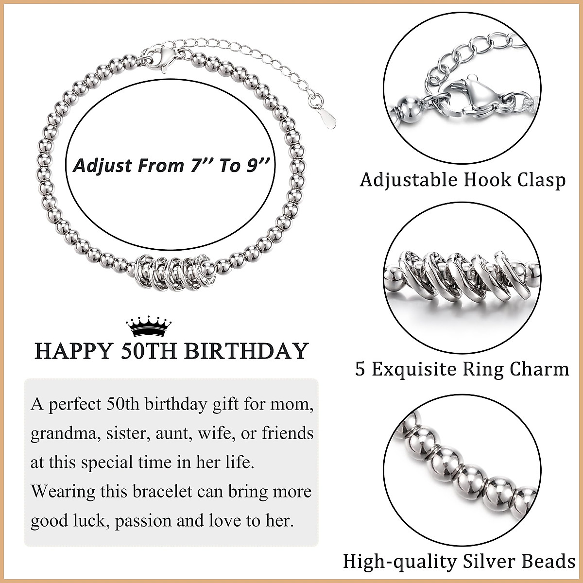 KOXMOON 50th Birthday Gifts for Her Women, Birthday Bracelet for Women with Gift Message Card, 50 Year Old Birthday Jewelry Gifts for Mom Grandma Sister Aunt Wife Friends