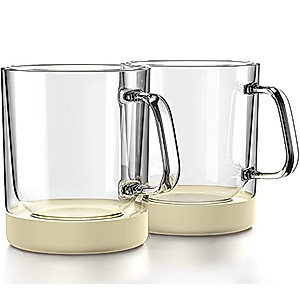 Zovoko Double Wall Insulated Glass Coffee Mugs (Large - 16 oz - Set of 2) - Removable Non-Slip Silicone Coaster - Microwave/Dishwasher Safe - 100% Borosilicate Glass