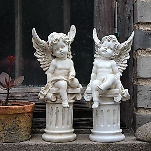 OwMell Set of 2 Cherub Angels on Roman Pillar Garden Statue Greek Column Angel Figurine Sculpture Indoor Outdoor Home Garden Decoration Antique Resin 9.8"