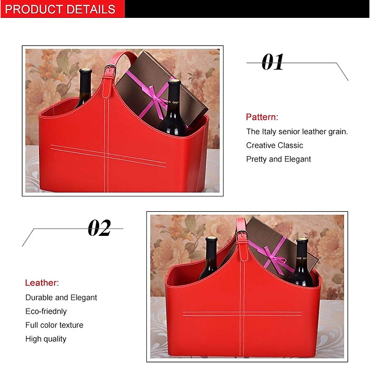 Leather Storage Basket,MDF Structure Wine Flowers Fruits Magazine Holder Rack/Bins,with Top Handle for Holiday Presents Gifts Display (Middle, Red)