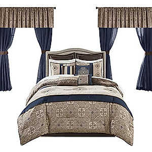 Madison Park Essentials Delaney 24-Piece Room In A Bag Comforter Set-Satin Jacquard All Season Luxury Bedding, Sheets, decorative pillows and Curtains, Valance, Queen (90 in x 90 in), Medallion Navy