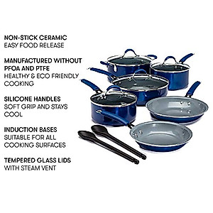 Cooking Light Nonstick Ceramic Pots and Pans Set with Silicone Stay Cool Handles, Dishwasher Safe, 12-Piece Cookware Set, Blue