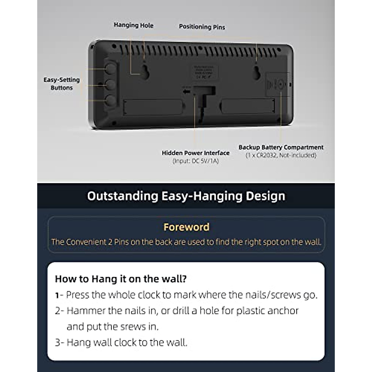 LED Digital Wall Clock with Large Display, Big Digits, Auto-Dimming, Anti-Reflective Surface, 12/24Hr Format, Small Silent Wall Clock for Living Room, Bedroom, Farmhouse, Kitchen, Office