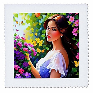3dRose Beautiful Young Woman in The Garden. Morning Sun. Colorful... - Quilt Squares (qs-379103-2)