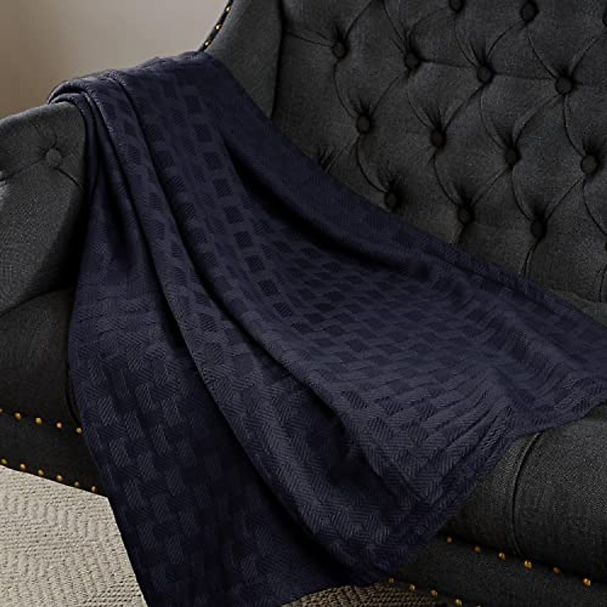 SUPERIOR 100% Cotton All-Season Blanket, Basket Weave Design, Soft, Comfy Cover for Bed, Bedding, Bedroom, Couch Throw, Lounging, Modern Boho Medium Weighted Blankets, California King, Navy Blue