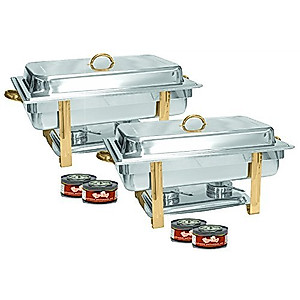 Tiger Chef 2-Pack 8 Quart Full Size Buffet Chafing Dish Set with Gold Accents and Gel Fuel Cans…